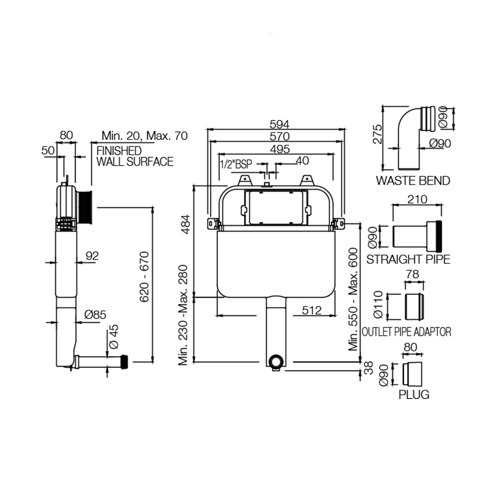 Pneumatic Single Piece Slim Concealed Cistern Body | ARTIZE