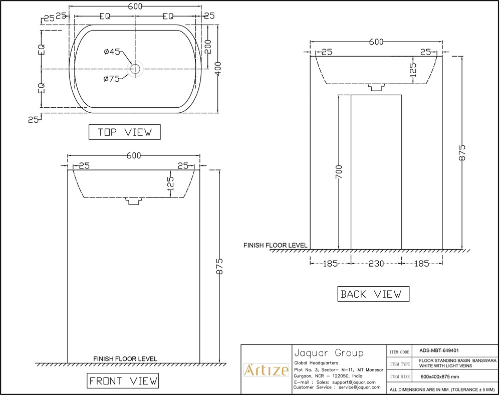 Artize Plus Range Floor Standing Basin | ADS-MBT-649401