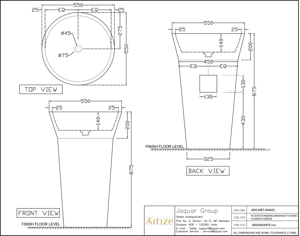 Artize Plus Range Floor Standing Basin in India