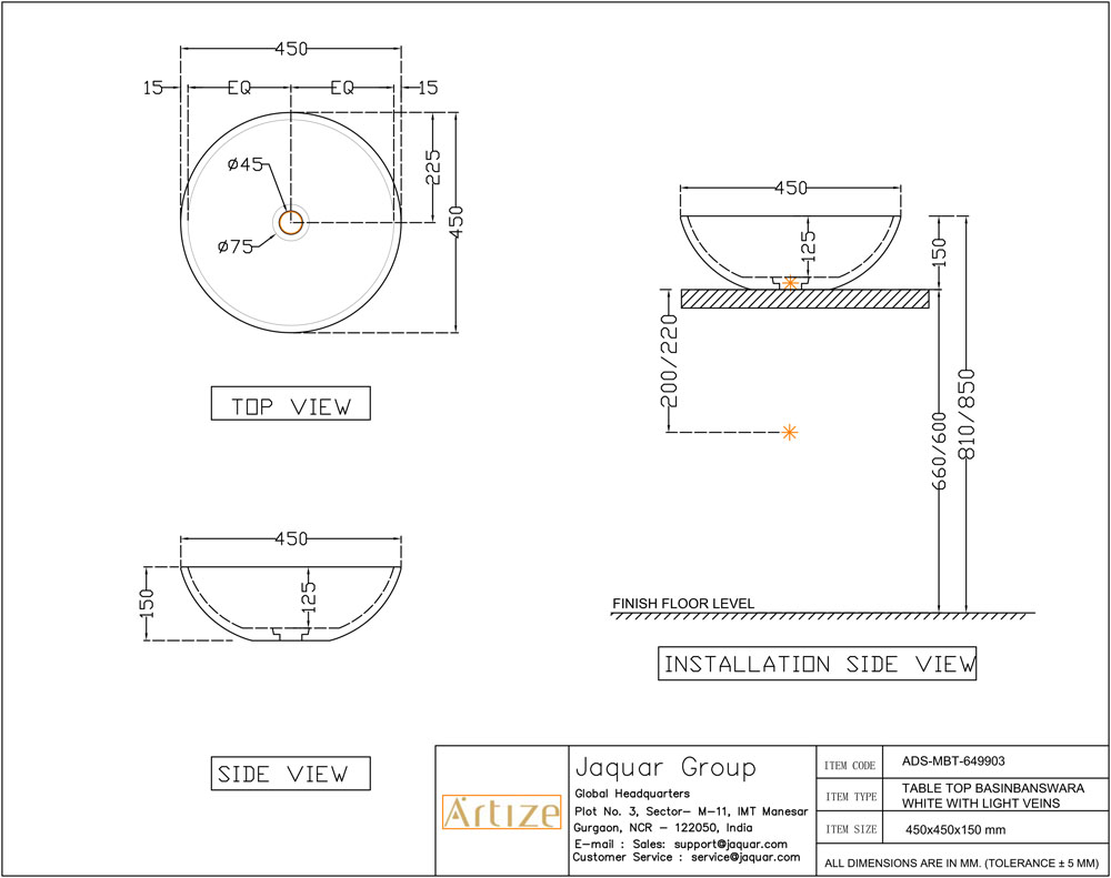 Rajasthani Marble 450x450x150mm Tabletop Basin| Artize By Jaquar Group