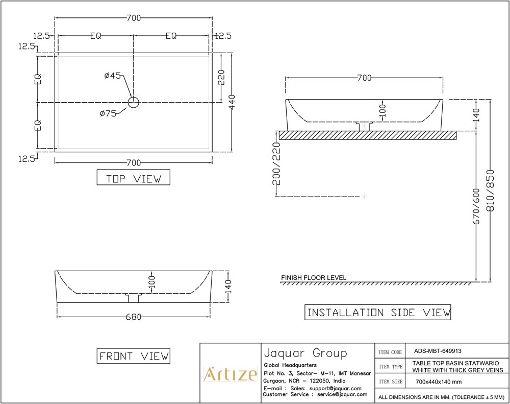 Table Top Basin with Bright Natural Stone Statwario Marble | Artize